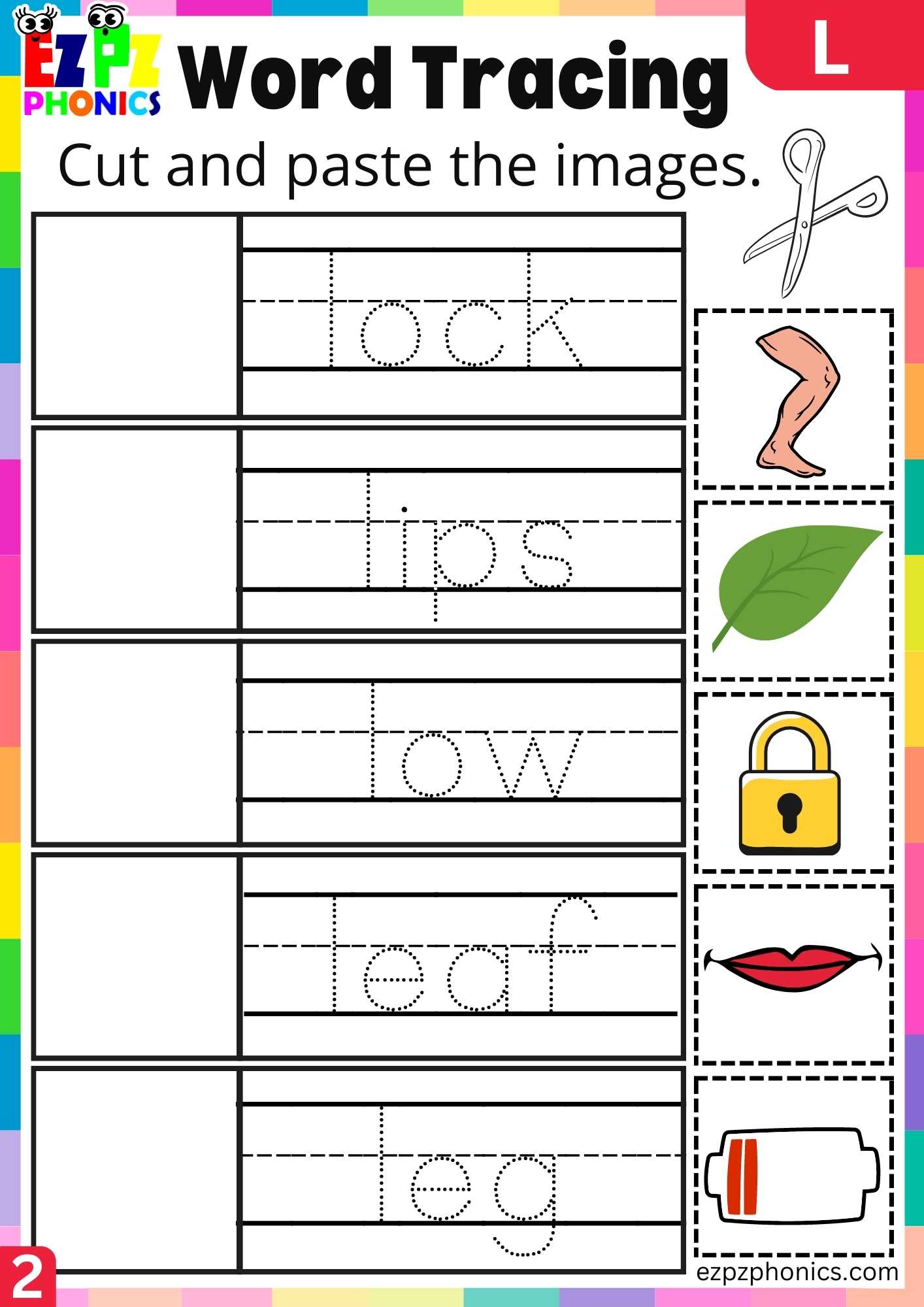 Group2 Letter L Word Tracing Beginning Sounds Worksheet - ezpzphonics.com